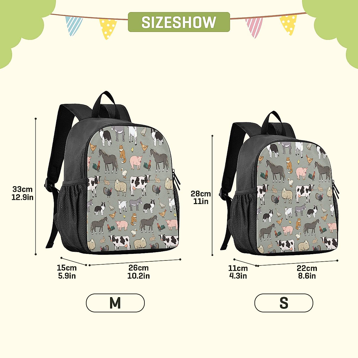 Blueangle Farm Animals Pattern Print Waterproof Backpack - Lightweight Backpack Boys Girl 2-6 Year School Bag