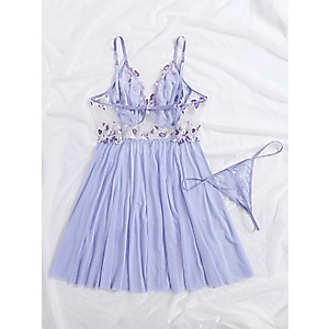 WDIRARA Women's Plus Size Floral Embroidered Mesh Lingerie Babydoll Dress with Panty Lilac Purple 3XL