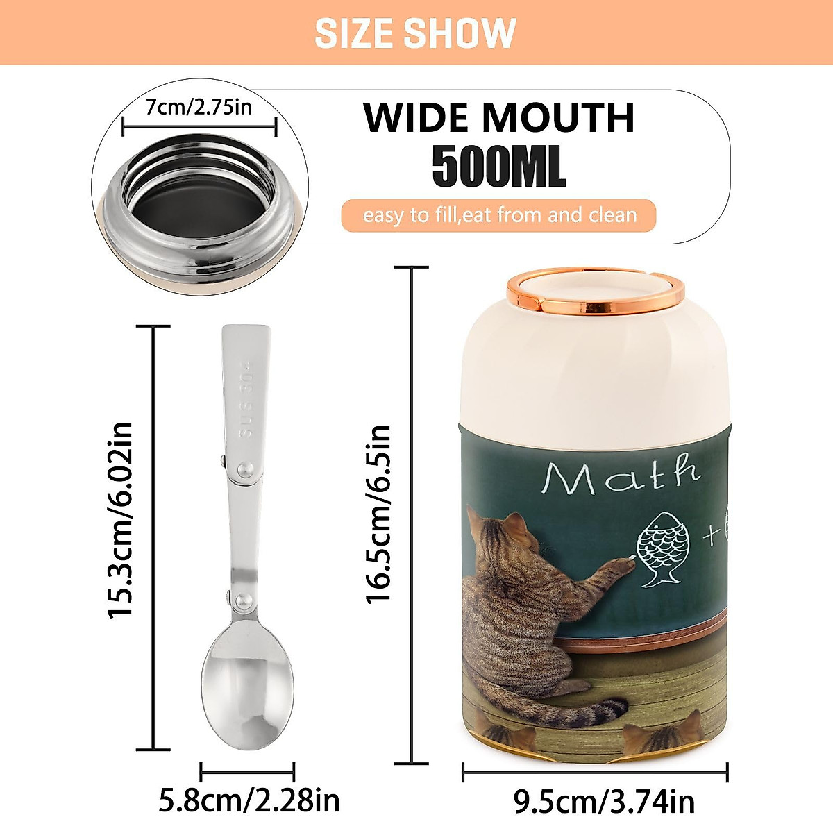 CUPADA Funny Cat Teacher Food Jar, Math Lesson Insulated Hot Food Jars Vacuum 17OZ with Folding Spoon for Work Trip Picnic Camping