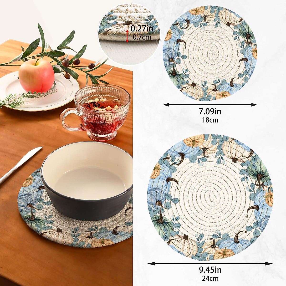 Blue Pumpkins Trivet Pot Holder 2 Pack Cotton Cotton Thread Weave Trivets for Hot Pots and Pans Stylish Coasters for Kitchen Baking Cooking Cups Dinning