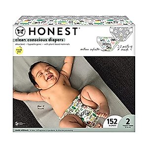 The Honest Company Clean Conscious Diapers | Plant-Based, Sustainable | Pandas + Barnyard Babies | Super Club Box, Size 2 (12-18 lbs), 152 Count