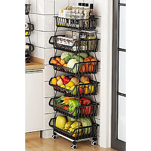 Kitchen Metal Storage Basket with Wheels Stackable Wire Utility Rolling Cart Vegetable Fruit Baskets Rack for Pantry,Potato,Onions,Beverages Storage(6 Tiers)