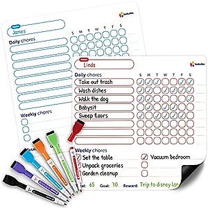 Magnetic Dry Erase Chore Chart for Kids Multiple Kids - 2 Pack Erasable Whiteboard Behavior Charts, Calendar Kids Chores List with 6 Eraser Cap Markers for Family, Kid, Toddler, Teenagers, Adults