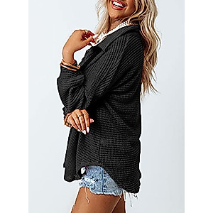 Dokotoo Womens V Neck Waffle Knit Tunic Blouse, Long Sleeve, Button Up, Loose Fit, Solid Color - Medium, Black (Spring Fashion 2023)