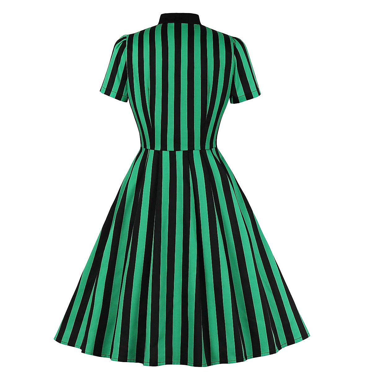 Wellwits Women's Tie Neck Halloween Gothic Black and Green Stripe Vintage Dress M