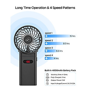 Portable Handheld Fan, 4000mAh 15hrs Mini Battery Operated Fan Personal Fan with Lanyard&LCD, 4 Speeds Strong Wind, Foldable Design for Office, Hiking, Camping, Travel……