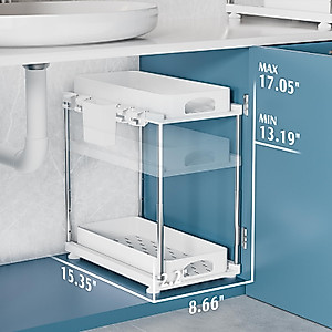 VERIFOST 2 Pack Under Sink Organizers and Storage, Double Sliding Kitchen Cabinet Organizer, 2 Tier Height Adjustable Countertop Organizer for Kitchen Bathroom Laundry, White