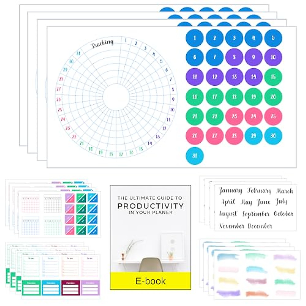 Ultimate Productivity Stickers Set - Large Value Pack of 20 Planner Sticker Sheets - Calendars, to Do Lists, Habit Trackers, Goals - Accessories & Supplies for Dot Grid Journals by Sunny Streak