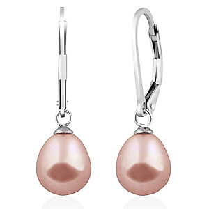 Splendid Pearls 925 Sterling Silver 8mm Genuine Pearls Freshwater Cultured Lever-back Dangling Earrings for Women (Pink)