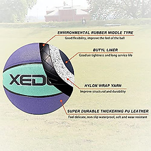 XEDGE Basketball Size 5/6/7 Composite Leather Street Basketball Indoor Outdoor Game Ball with Needle,Pump and Carry Bag (Green & Purple, Size 6)