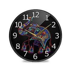 ALAZA Ethnic Folk Art Indian Elephant Acrylic Painted Silent Non-Ticking Round Wall Clock, 9.5 Inch Battery Operated Quiet Desk Clock Home Art Bedroom Living Dorm Room Office School Decor