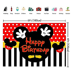 BINARY, Betta Mickey Mouse Photo Backdrop Mickey Happy Birthday Backdrop Red Black Stripes Dots Cartoon Mouse Backdrops for Baby Birthday Party Cake Table Background 6x4ft