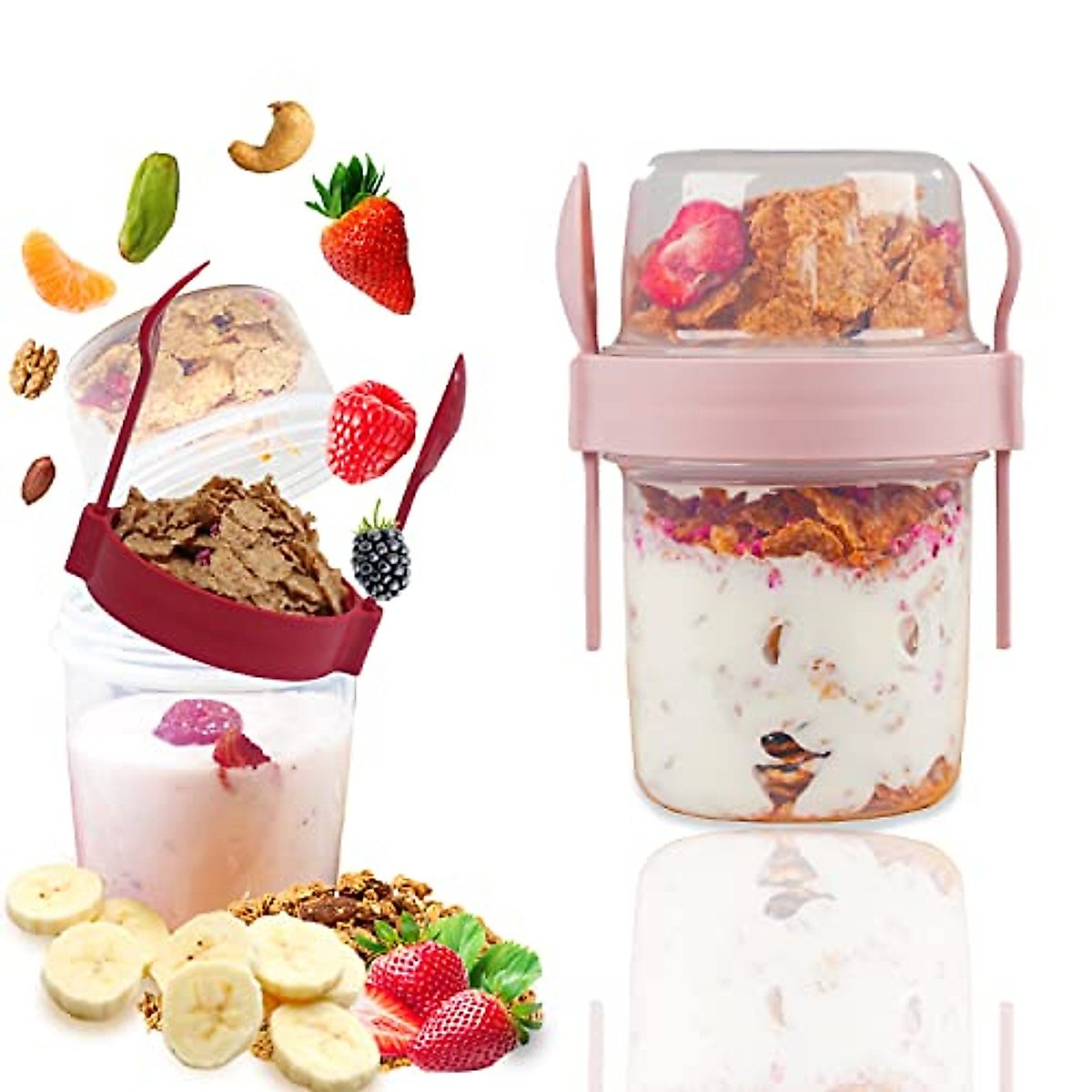 Salda 2 Pack 22 oz Breakfast On the Go Cups, Take and Go Yogurt Cup with Topping Cereal Cup with spoon and fork, Overnight Oats or Oatmeal Container Jar, Colorful Set of 2 (Red and Pink)