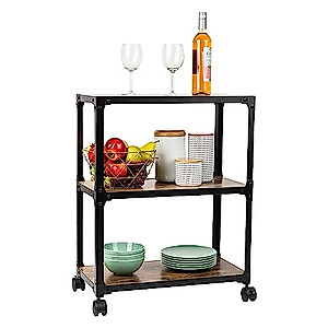 MIND READER Rolling Bar Cart [3 Tier] Kitchen Microwave Cart Island On Wheels, Coffee Station (Wood/Metal, Black/Brown)