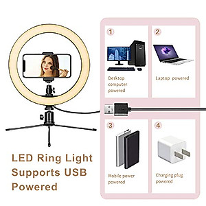 LED Ring Light 10" with Tripod Stand & Phone Holder for Live Streaming & YouTube Video, Dimmable Desk Makeup Ring Light for Photography, Shooting with 3 Light Modes & 10 Brightness Level