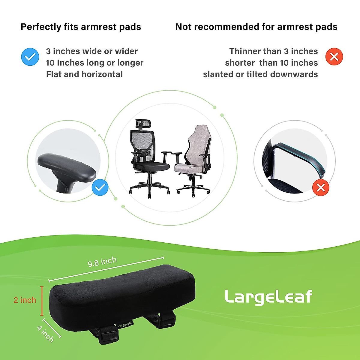 LargeLeaf Extra Thick 2 inches Chair armrest Cushions Elbow Pillow Pressure Relief Office Chair Gaming Chair armrest with Memory Foam armrest Pads 2-Piece Set of Chair (Black)
