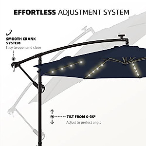 wikiwiki 10 FT Solar Offset Hanging Umbrella, Lighted Patio Cantilever Umbrella with 32 Lights, Infinite Tilt, Fade Resistant RECYCLED FABRIC Canopy & Cross Base, for Yard, Garden & Deck(Navy Blue)