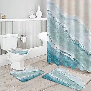 PakiInno Shower Curtain Sets 4 Piece Bathroom Decor Sets with Rugs, Ocean Beach Dreamy Gradient Minimalist Abstract Art Illustration Waterproof Shower Curtain Non-Slip Rug with Hooks for Tub-