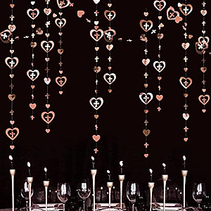 40 Ft Rose Gold Cross Heart Garlands 3D Hanging Paper Streamer for First Holy Communion Religious Christian Baptism Wedding Bridal Baby Shower Birthday Anniversary Engagement Party Decoration Supplies