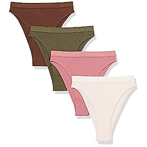 Amazon Essentials Women's Ribbed High Waist Tanga Brief, Pack of 4, Brown/Pale Pink/Green, X-Small