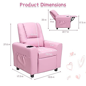 hzlagm Kids Recliner Chair with Cup Holder, Toddler Recliners for Kids Age 0-5 with Side Pockets and Non-Slip Footstool, Child Recliners for Girls Boys Kids Room, Children's Rooms, Pink