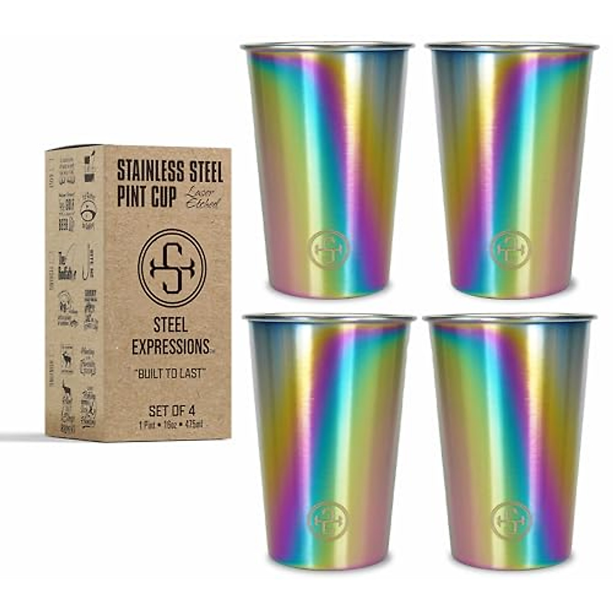 Shark Skinzz Steel Expressions Pint Cup, 16 oz Stainless Steel Cups, Stackable & Durable Drinking Cups for Camping, Reusable & Dishwasher Safe Tumblers, Set of 4 Rainbow Shimmer Cups