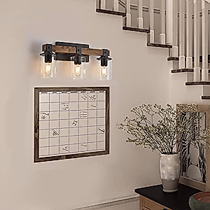 DUJAHMLAND Farmhouse Vanity Light Fixture,3-Light Bathroom Wood Wall Light Over Mirror with Clear Glass Shade, Rustic Vintage Wall Sconce Lighting.(Antique Wood, 3-Light)
