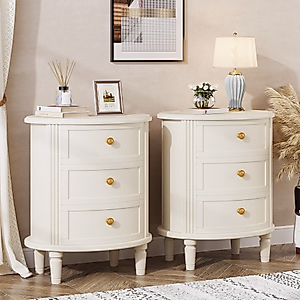 Tribesigns Nightstand with 3 Drawers, Oval Bed Side Table for Bedroom, Fully Assembled, Modern Night Stand with Storage, Wooden Side End Table with Solid Wood Legs for Living Room, Beige White