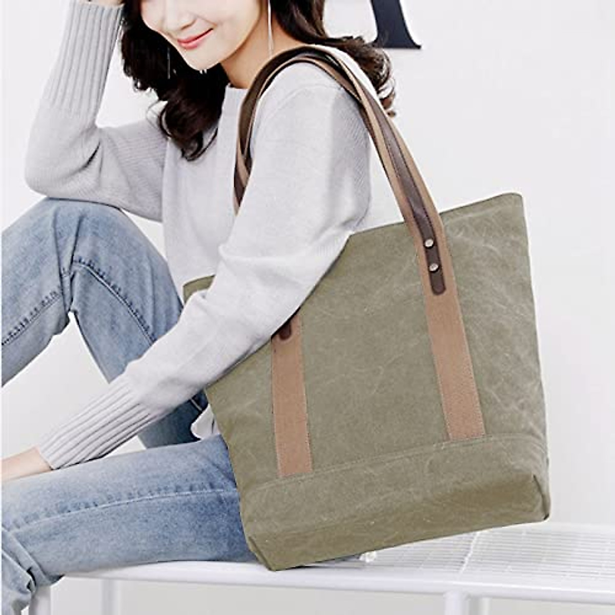 Women's Canvas Handbags Shoulder Bags Men Retro Casual Tote Work Purses (Army Green)