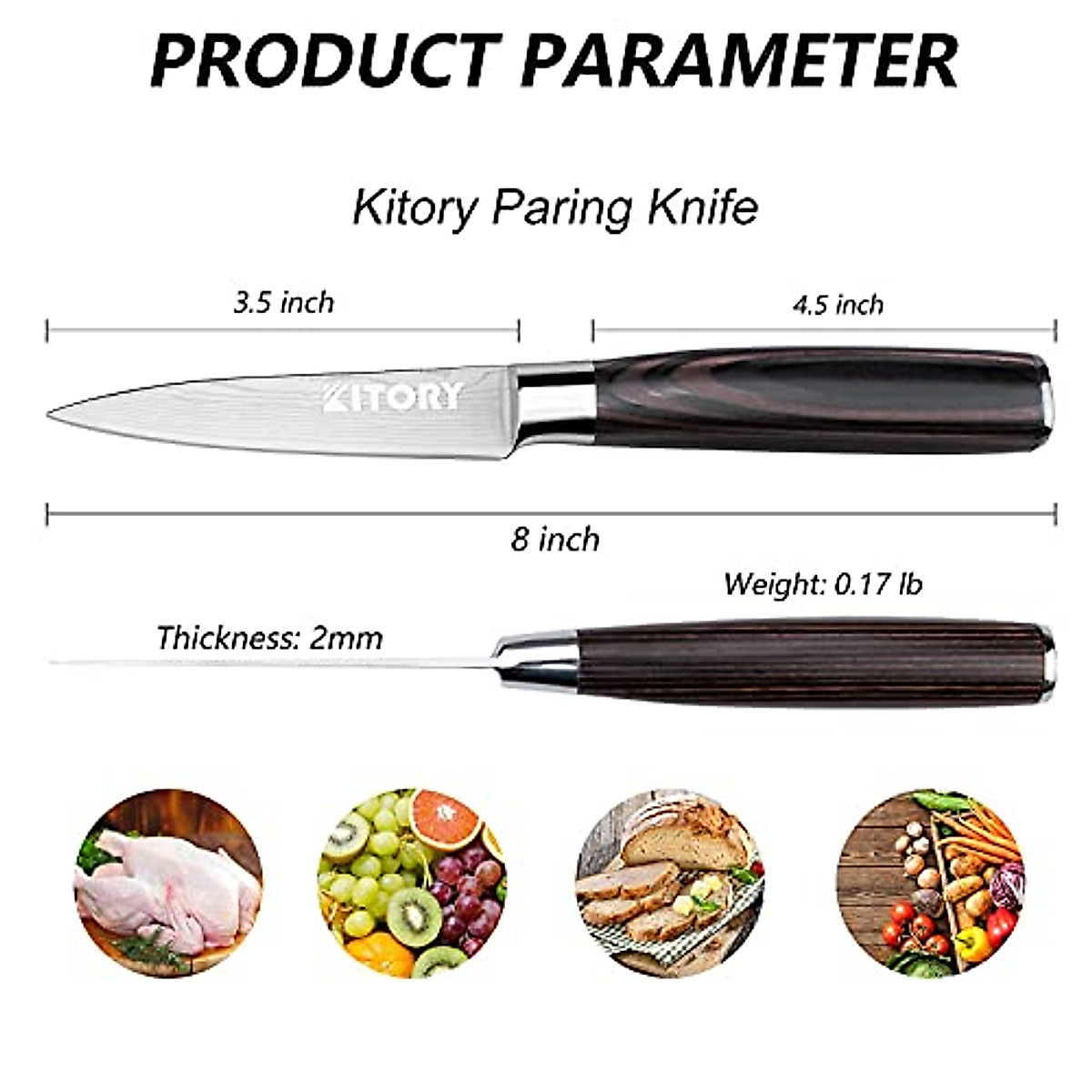 Kitory Paring Knife Fruit Knife Small Kitchen Knife 3.5 Inch 7Cr17MoV German High Carbon Stainless Steel for Fruit and Vegetable Carving Dicing Cutting Chopping Fruits Vegetables 2023 Gift