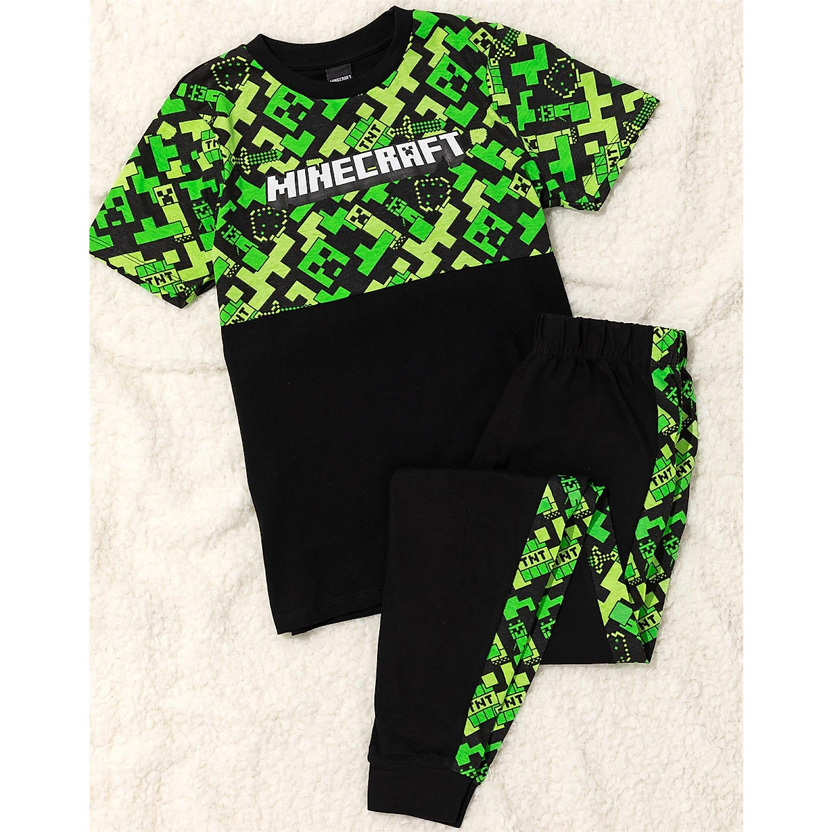 Minecraft Camo Pajama Set | Creeper Short Sleeve Top and Long Leg Bottoms | Comfortable Kids Gaming Nightwear for Bedtime
