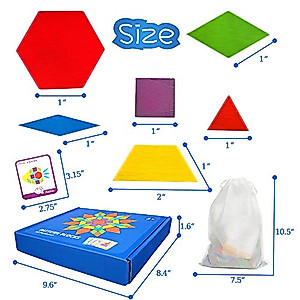 Wooden Pattern Blocks Set for Classroom 155 Pcs Tangram Blocks for Kids Geometric Shape Puzzle Kindergarten Classic Educational Montessori Best STEM Fat Brain Toys Ages 4-8 with 24 Pcs Design Cards