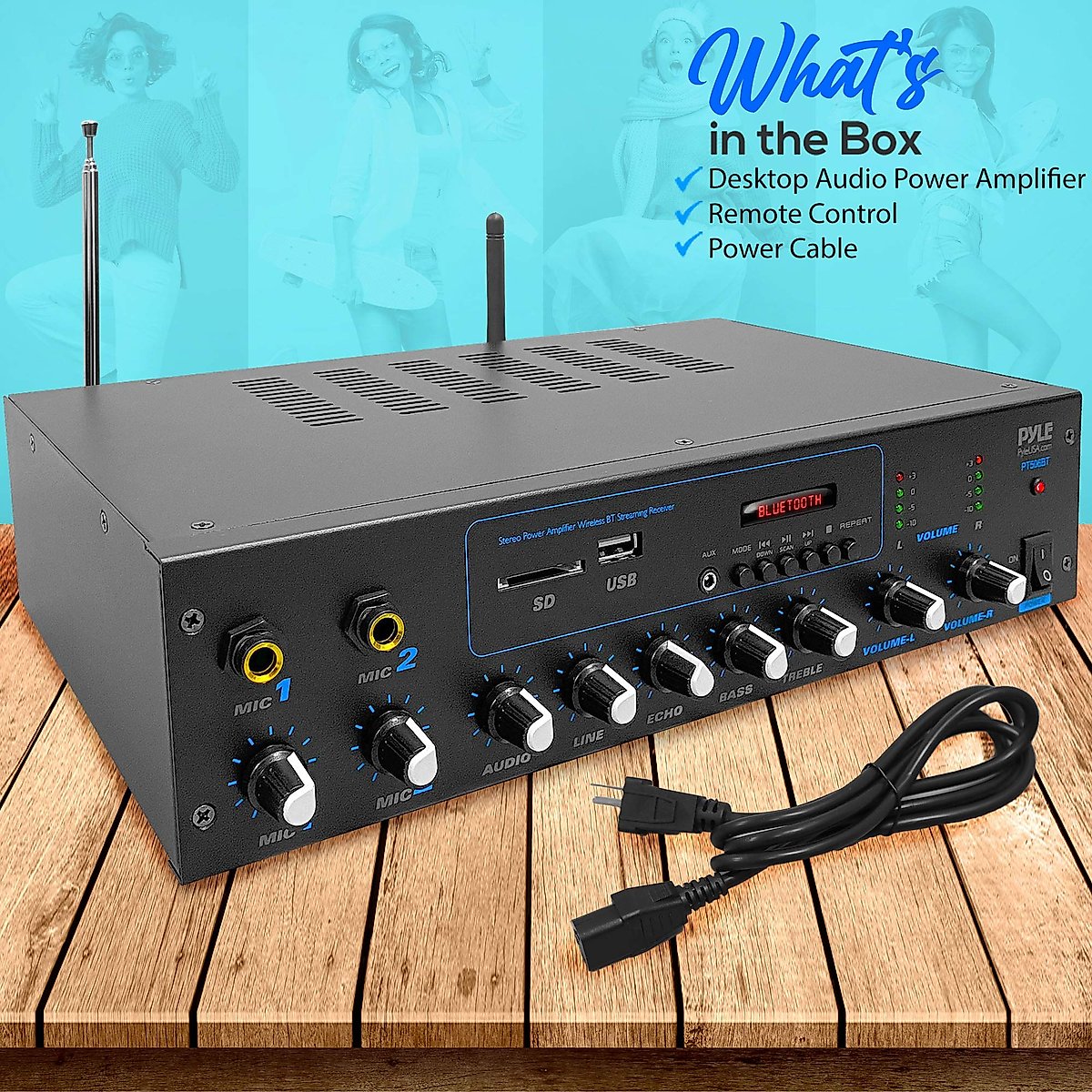 Pyle Professional Powered Amplifier & Bluetooth Receiver Stereo Audio System, FM Radio, (2) 1/4'' Microphone Input Jacks, MP3/USB/SD/AUX Playback, LCD Display ID3 Tag Readout 600 Watt - PT506BT.5