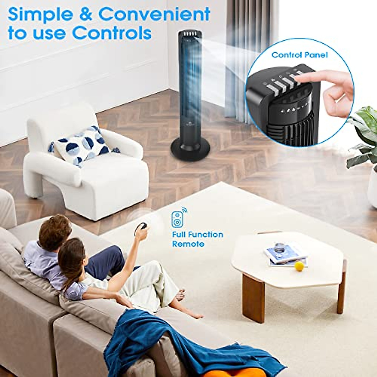 Airvention 115° Oscillating Modern Tower Fan for Bedroom, 43'' Standing Fan with Remote, 7.5H Timer, 28dB Ultra Quiet Cooling Floor Fan for Home, Office or Bedroom, 3 Speeds, 3 Modes, X01A, Black