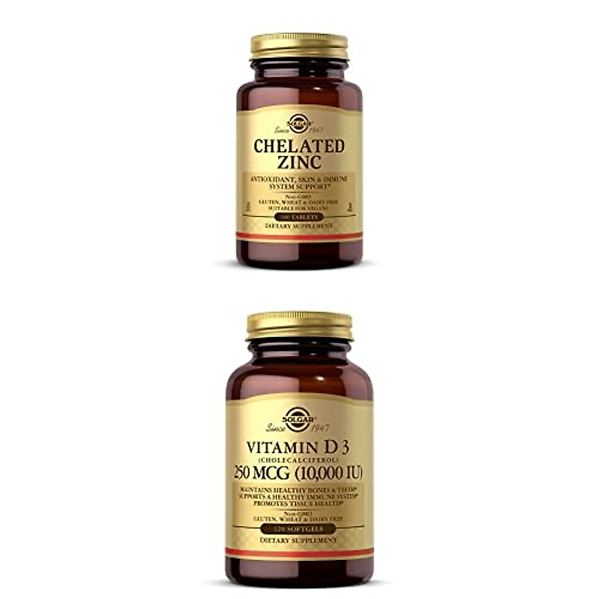 Solgar Chelated Zinc, 100 Tablets - Zinc for Healthy Skin + Solgar Vitamin D3 (Cholecalciferol) 250 MCG (10,000 IU), 120 Softgels - Immune System Support