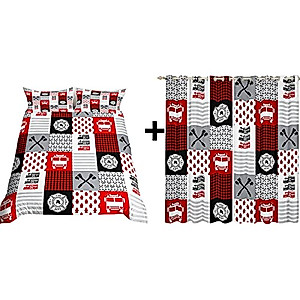 5Pcs Red Fire Truck Car Duvet Cover Set Queen Size & Curtain Set: 1 Duvet Cover + 2 Pillowcase + 2 Panels of 42 W x 63 L inch Each