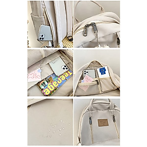 Preppy Backpack with Plushies Cute Vintage Backpack for School Girls Light Academia Bookbags Preppy Aesthetic Backpack (Beige)