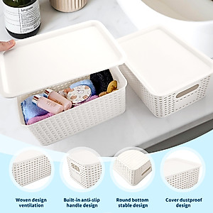 WEJOZEE Plastic Storage Baskets with Lid - Plastic Storage Containers Stackable Storage bins| Storage Baskets for Organizing Shelves Drawers Desktop Closet Playroom Classroom Office (‎Cream White)