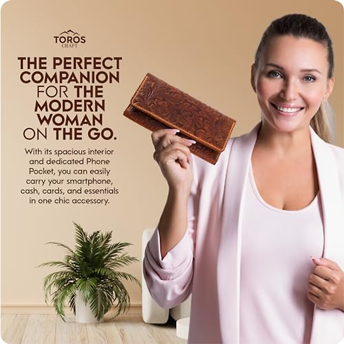 Toros Craft Handmade Western Wallets for Women, Genuine Tooled Leather & Long Credit Card Holder, Cowhide Slim Cell Phone Case, Large Capacity, Cute Clutch & Purse & Handbag (Camel)