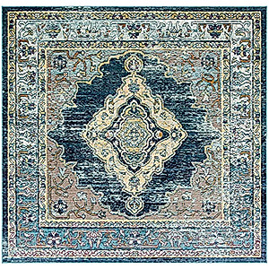 SAFAVIEH Crystal Collection 7' Square Blue / Yellow CRS500M Boho Chic Oriental Medallion Distressed Non-Shedding Living Room Bedroom Dining Home Office Area Rug