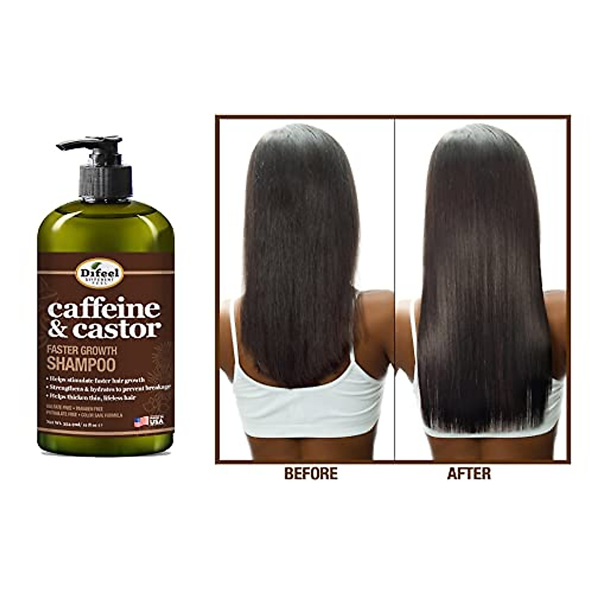 Difeel Caffeine & Castor Faster Growth Shampoo 12 oz., Made with Castor Oil for Hair Growth, Sulfate Free Shampoo