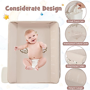 BABY JOY Portable Baby Changing Table, Foldable Diaper Changing Station with Wheels, Adjustable Height, Large Storage Rack, Trash Can, Mobile Nursery Organizer for Newborn Infant (Beige)
