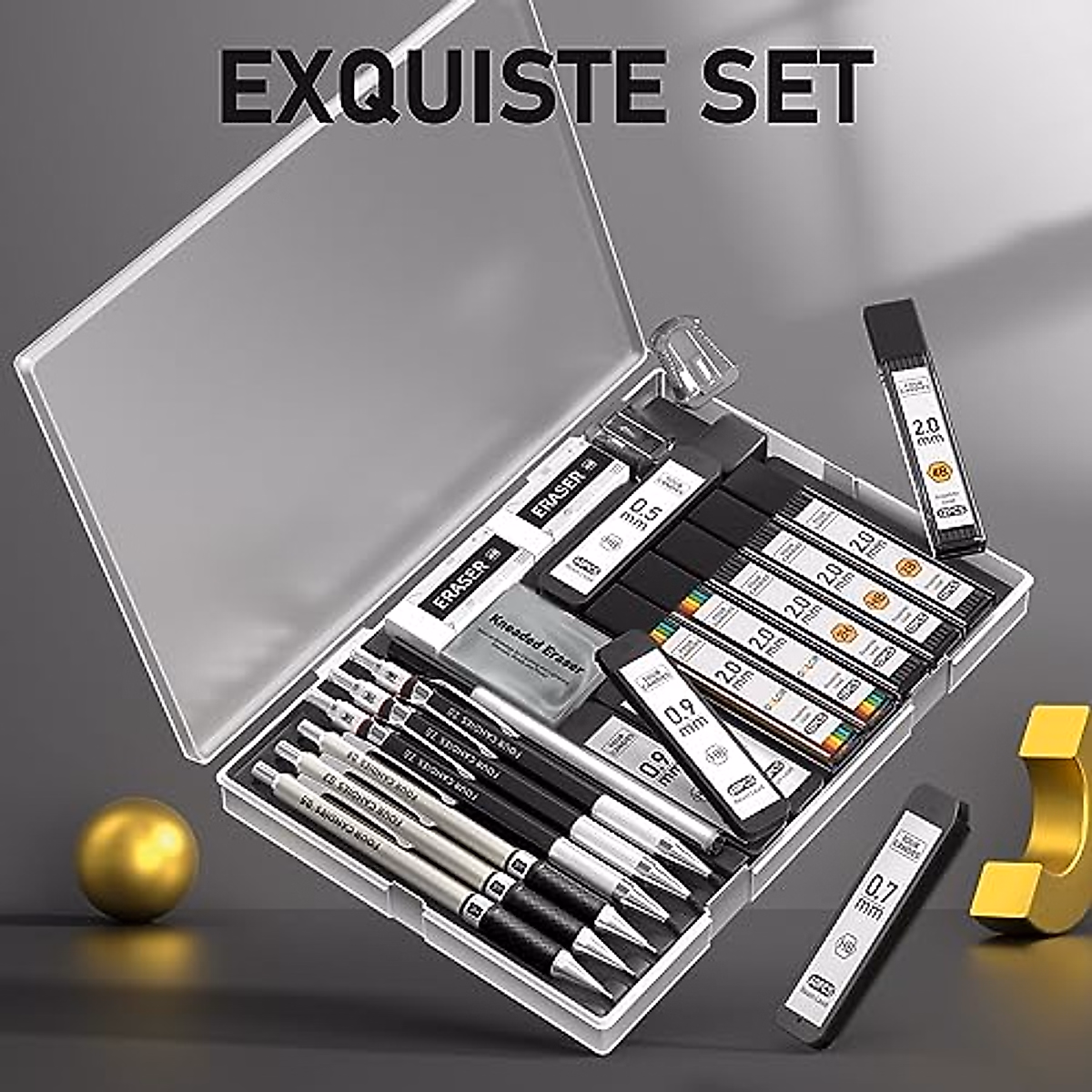 FourCandies 25PCS Art Mechanical Pencil Set with Case, 3PCS Metal Artist Lead Pencil 0.5, 0.7, 0.9 mm & 3PCS 2mm Lead Holder(HB 2H 2B 4B Color) with 432PCS Graphite Lead Refills for Drawing Sketching