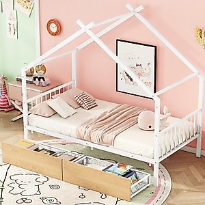 Metal House Bed for Kids, Twin Size Bed Frame with Storage Drawers and Slats, Kids Bed Frame with Headboard and Footboard, Twin Size House Bed for Kids, Girls, Boys(Twin White)