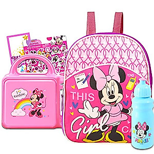 Fast Forward Minnie Mouse Mini Backpack with Lunch Box Set - Bundle with 11" Minnie Backpack, Minnie Mouse Lunch Bag, Water Bottle, Stickers, More | Minnie Backpack for Toddlers