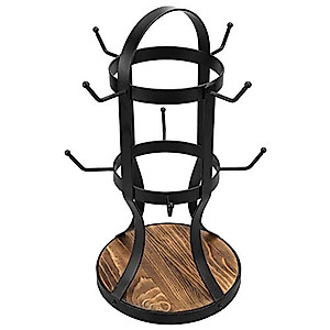 MyGift Rustic Black Metal Coffee Mug Rack with Burnt Wood Base and 8 Hooks