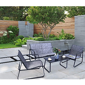 Kozyard Sofia 4 Pieces Outdoor Patio Furniture Conversation Set with Strong Powder Coated Metal Frame, One Love Seat, Two Single Chairs and One Table for Front Porch Balcony Backyad (Gray)