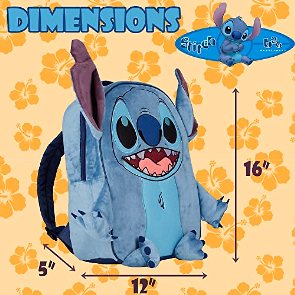 Disney's Lilo and Stitch Backpack for Girls & Boys, 16 Inch, Plush School Bookbag with 3D Arms, Legs, & Ears