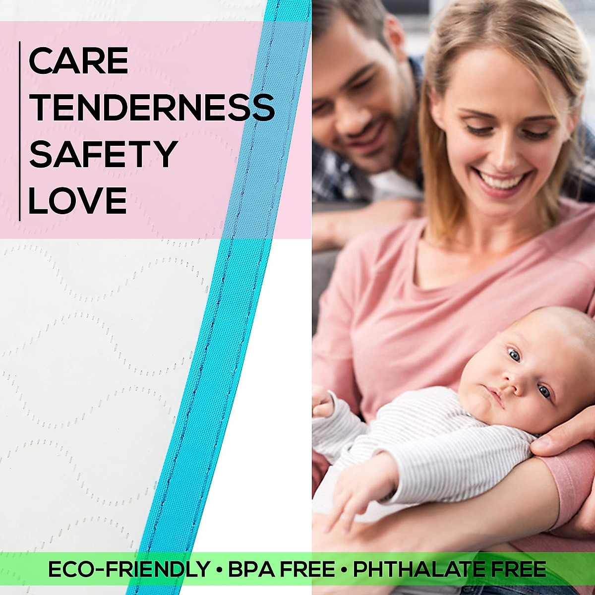 Baby Diaper Changing Mat - 31,5 x 25,5 inch Waterproof Portable Travel Changing Pad - Wipable Liners for Newborn Todlers Kids - Foldable Large Baby Nappy Changer Mat (White w/Turquoise Changing mat)