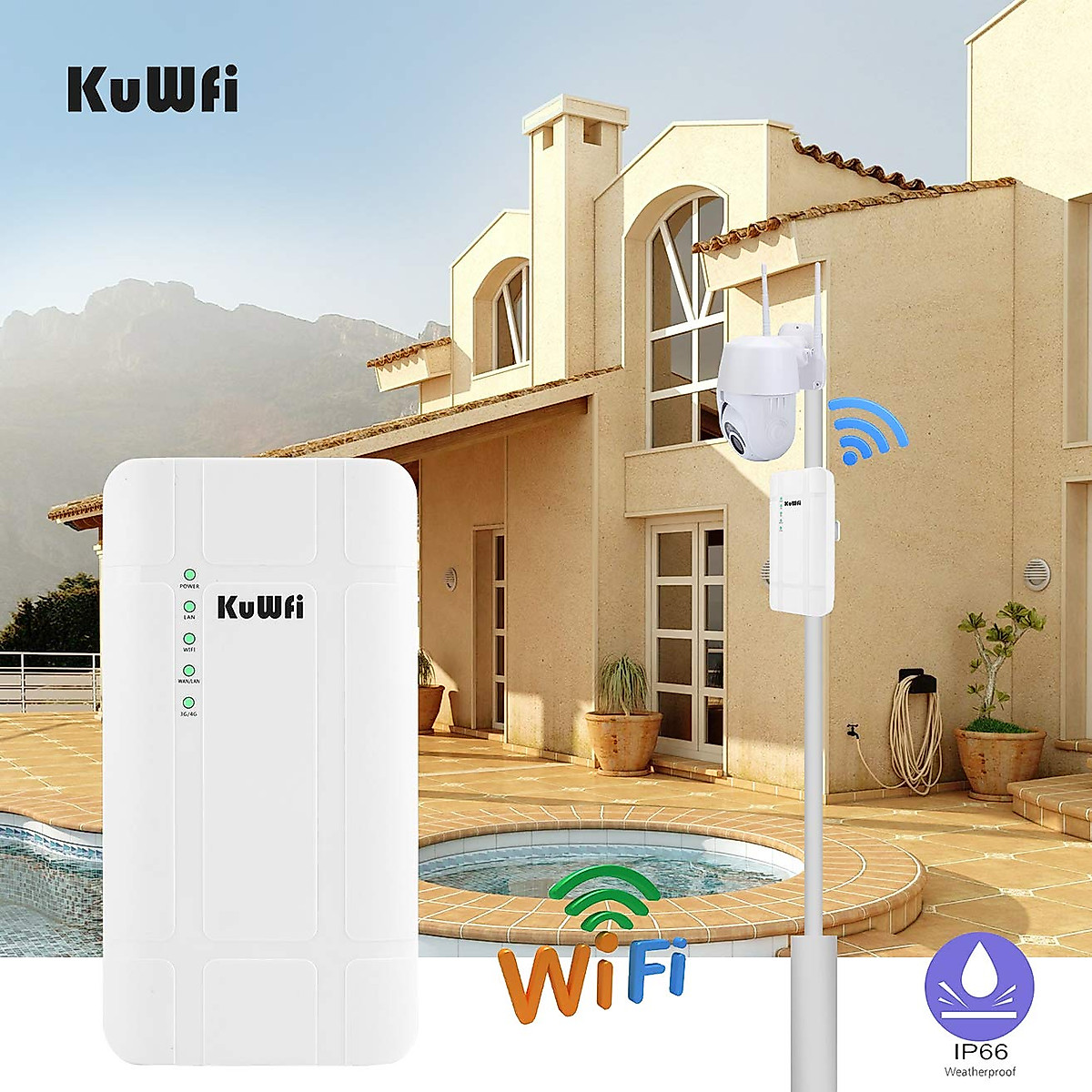 KuWFi 300Mbps Outdoor 4G LTE CPE WiFi Router with Sim Card Slot CAT4 SIM Routers with POE Adapter Work with IPcamera or Outside WiFi Coverage (US Version B2/B4/B5/B12/B13/B14/B66/B71)